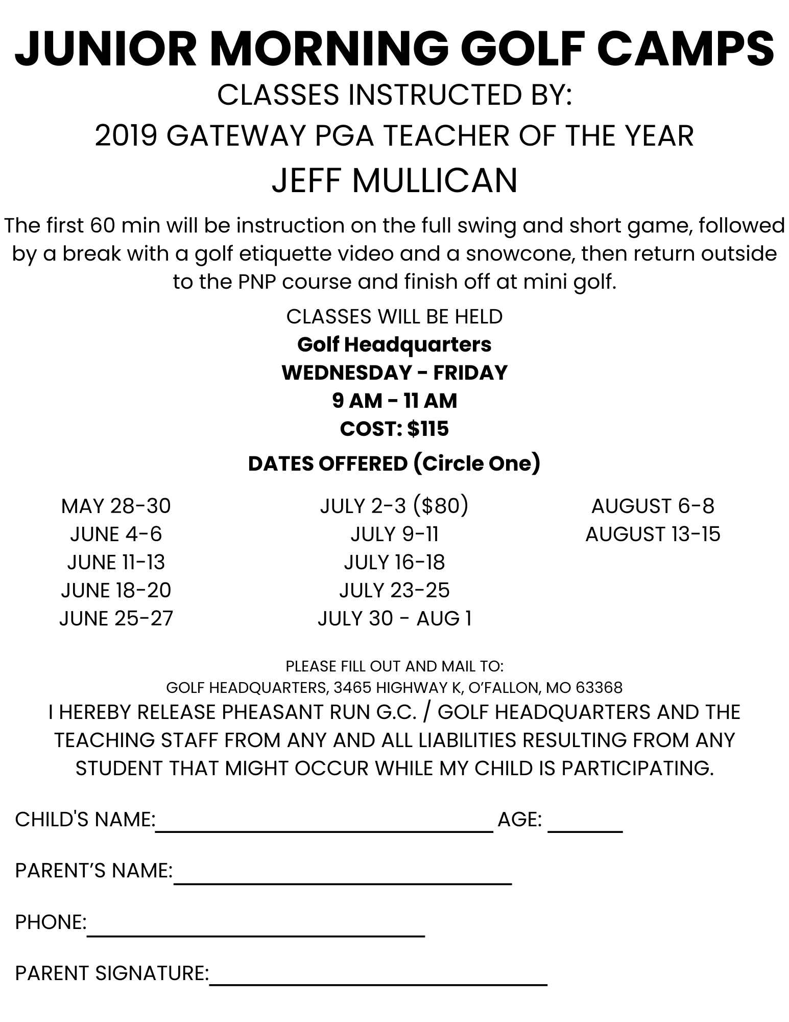 Junior Registration - Pheasant Run Golf Course